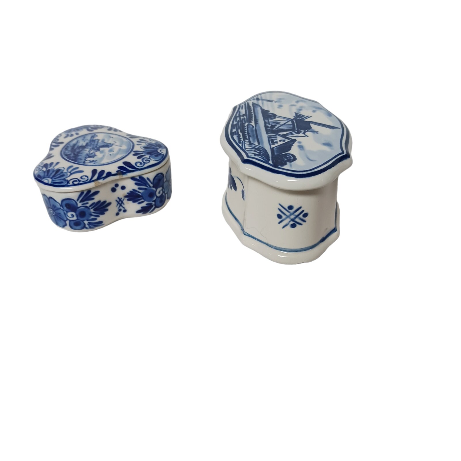 Set of 2 Delft Blue Hand Painted Dutch Windmill Floral Mini Trinket Box ...