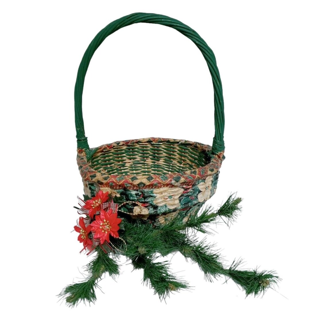 Vintage Christmas Floral Decoupage Basket, Green White Red Rustic ...