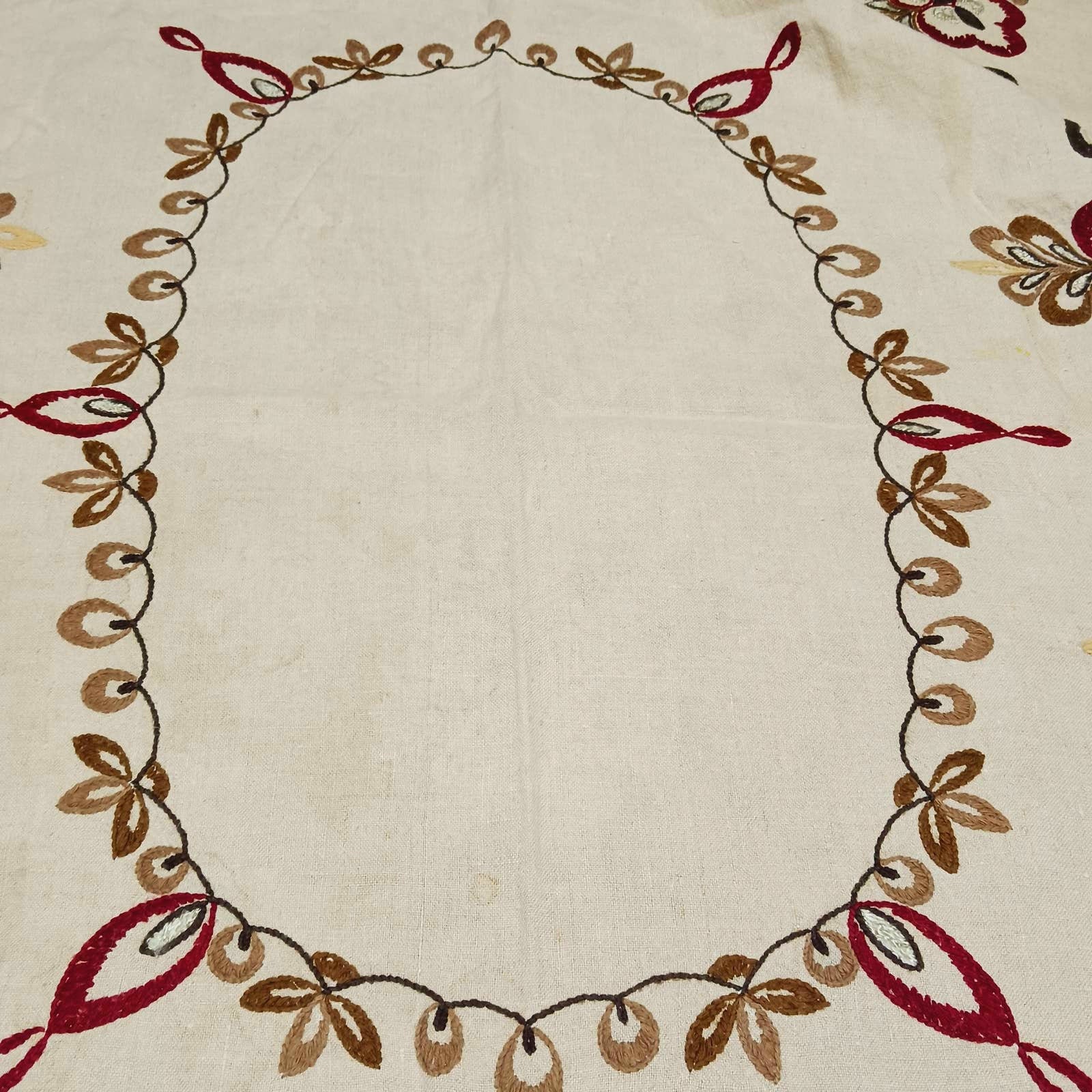 Crewel Embroidered Floral Tablecloth Burgundy Brown Beige Flowers ...