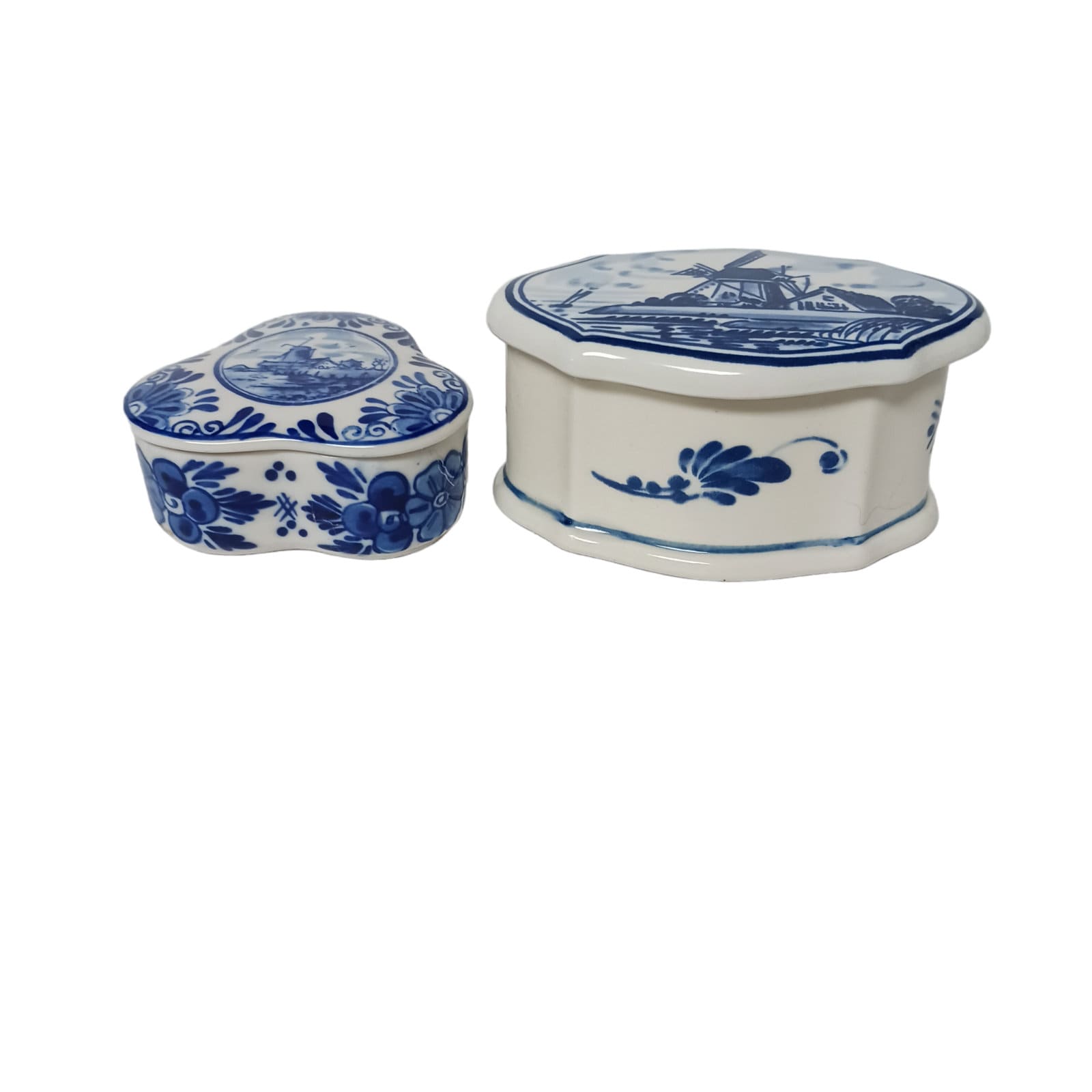 Set of 2 Delft Blue Hand Painted Dutch Windmill Floral Mini Trinket Box ...