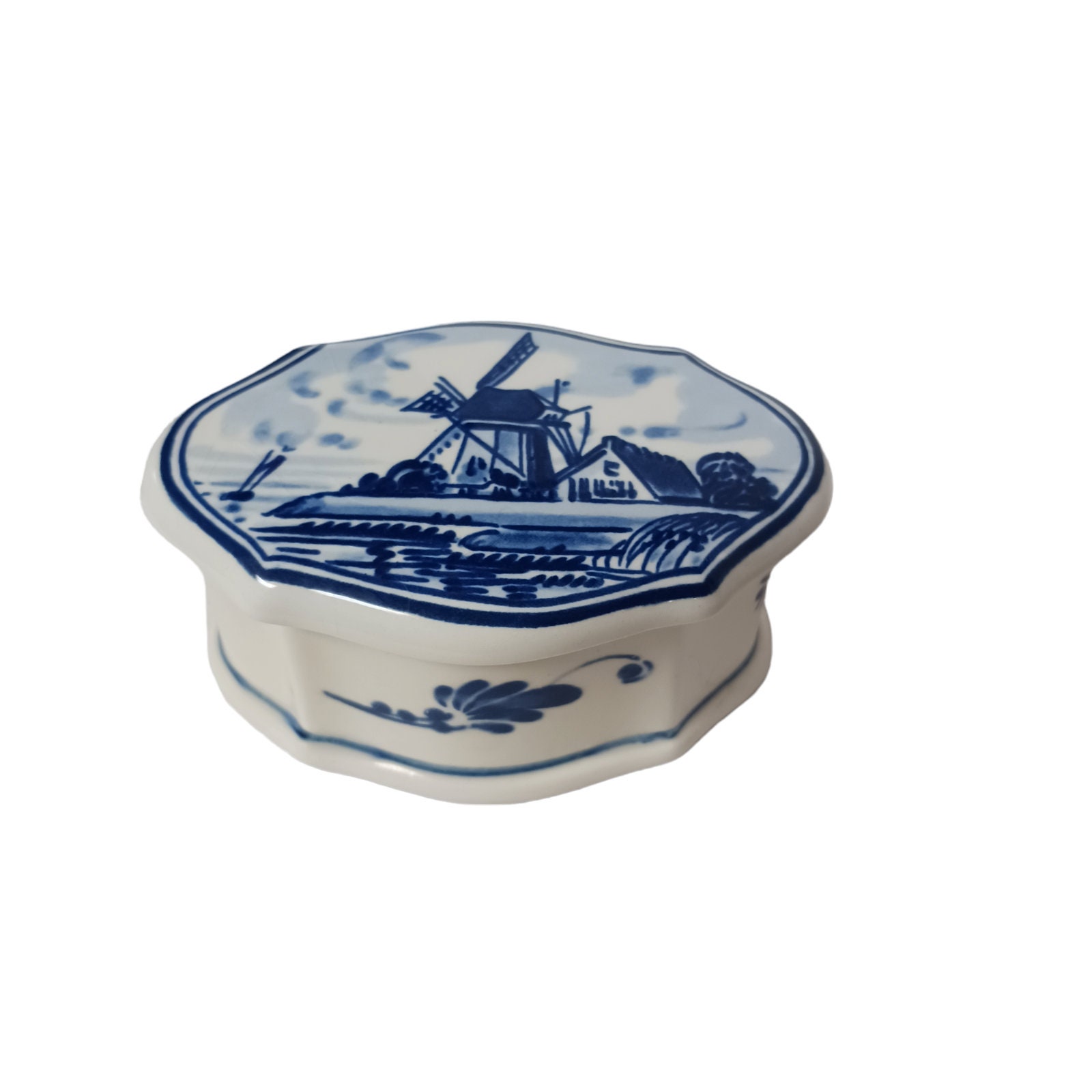 Set of 2 Delft Blue Hand Painted Dutch Windmill Floral Mini Trinket Box ...