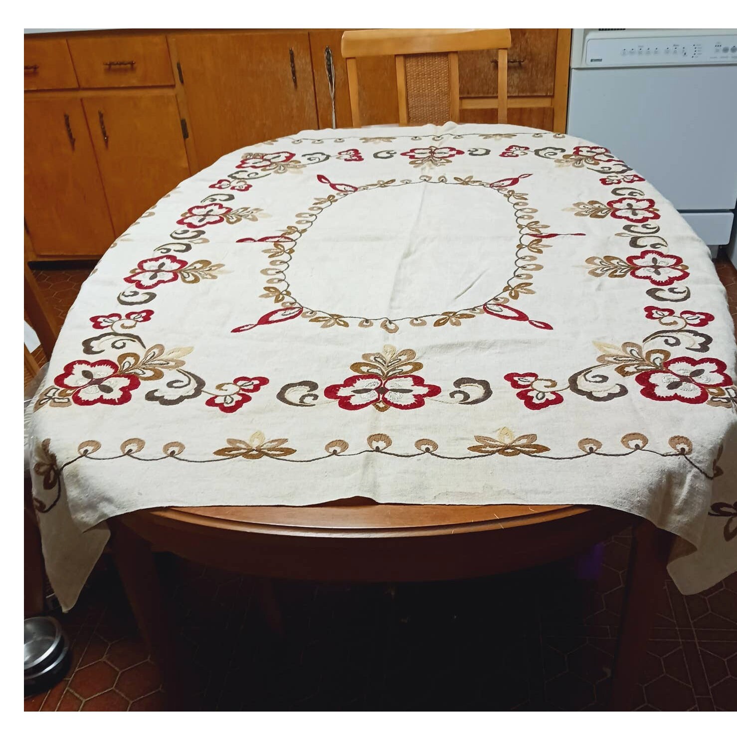Crewel Embroidered Floral Tablecloth Burgundy Brown Beige Flowers ...