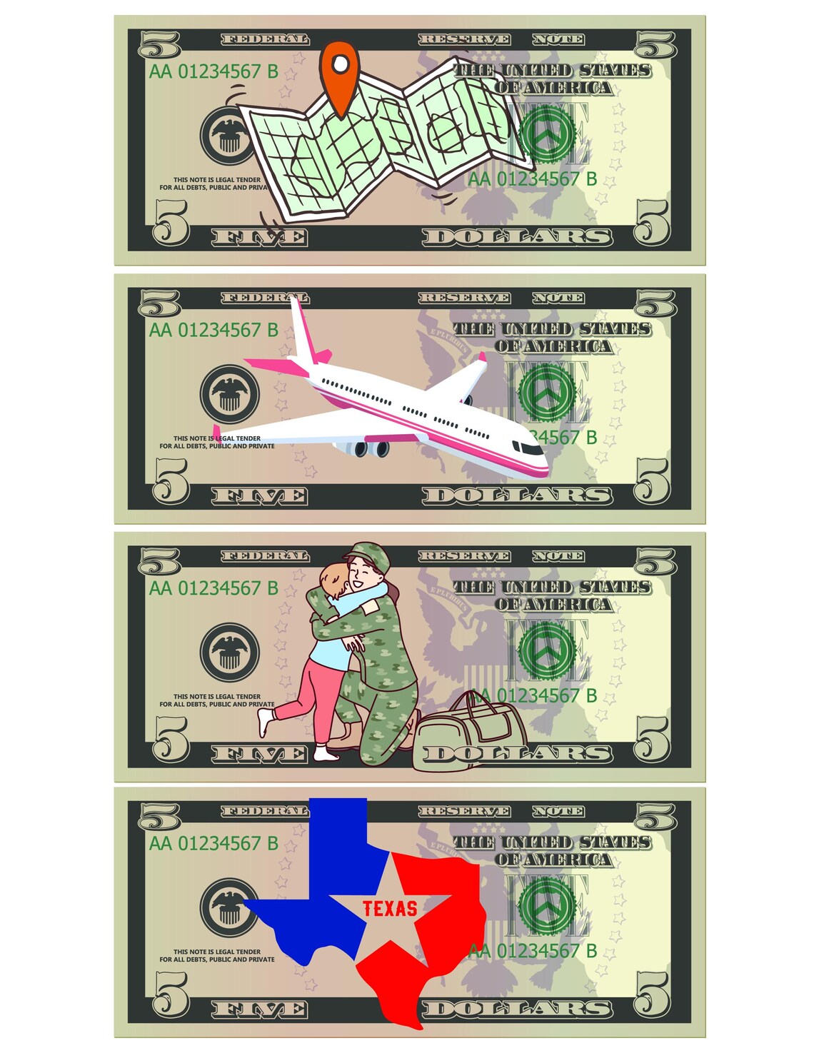 Discover America Prop Money | 1, 2, 5, 10, 20, 50, 100 Bills | Travel ...