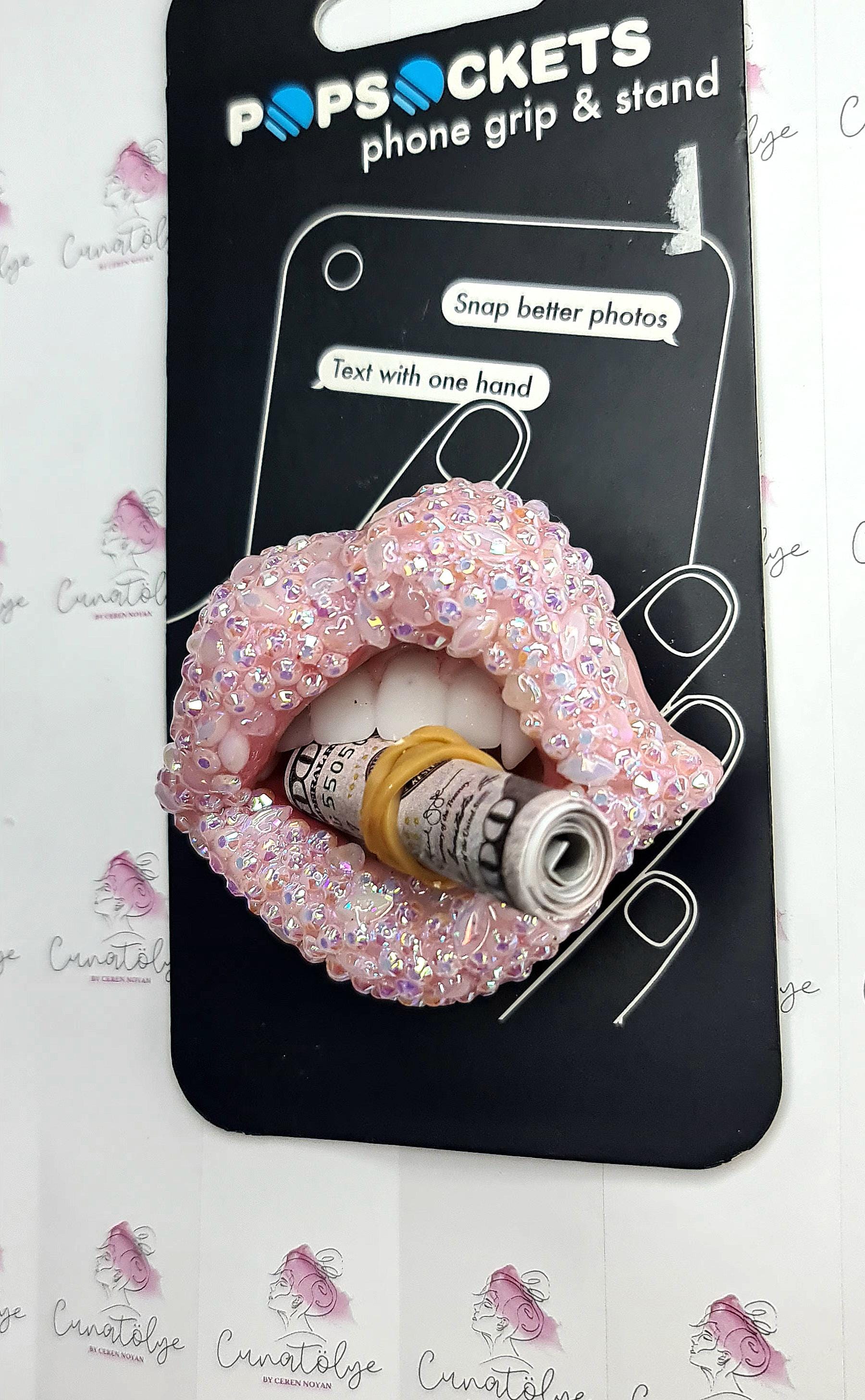 Pink Rhinestone Lips Magsafe Popsockets Phone Grip With Rolled Dollar ...
