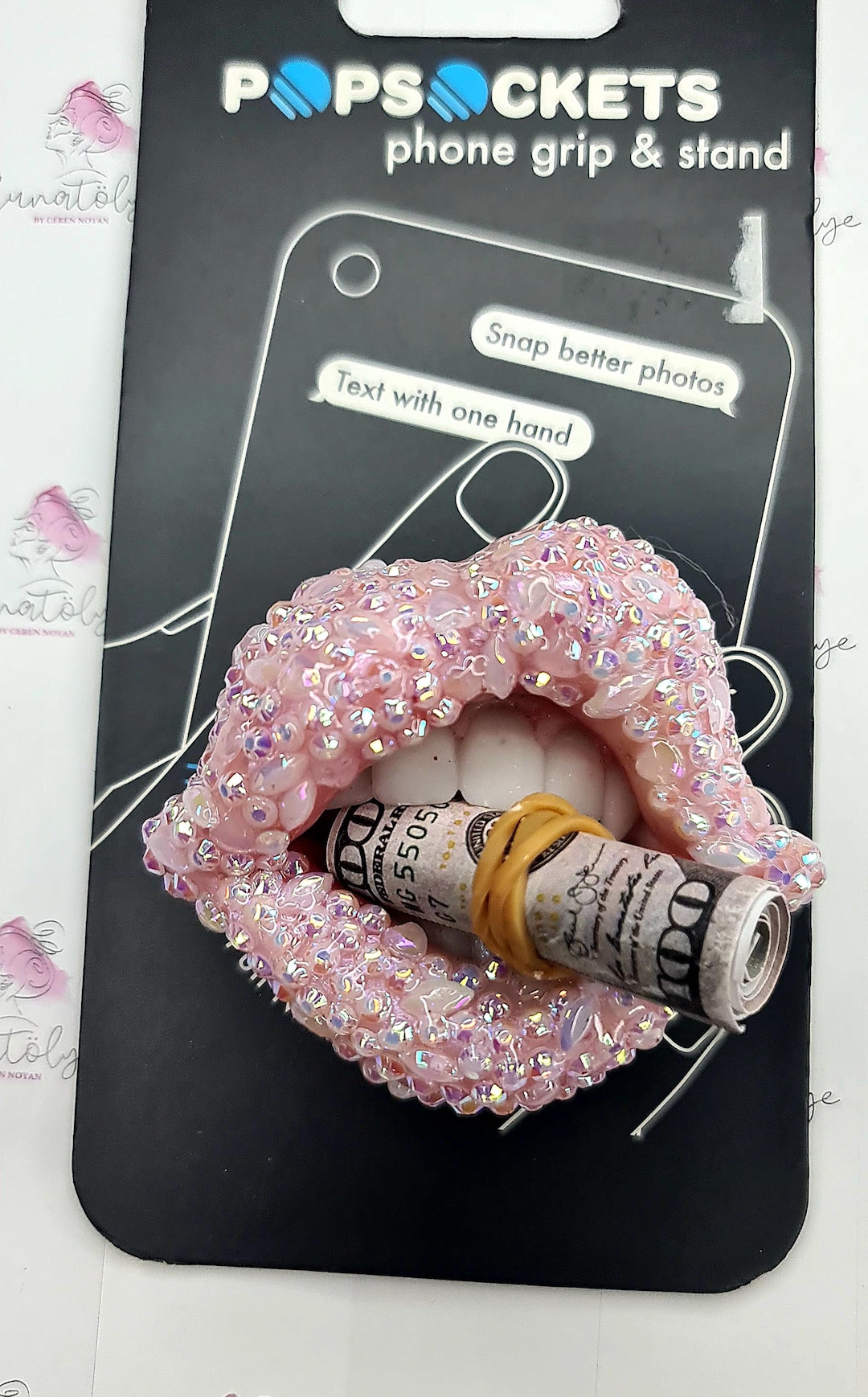 Pink Rhinestone Lips Magsafe Popsockets Phone Grip With Rolled Dollar ...