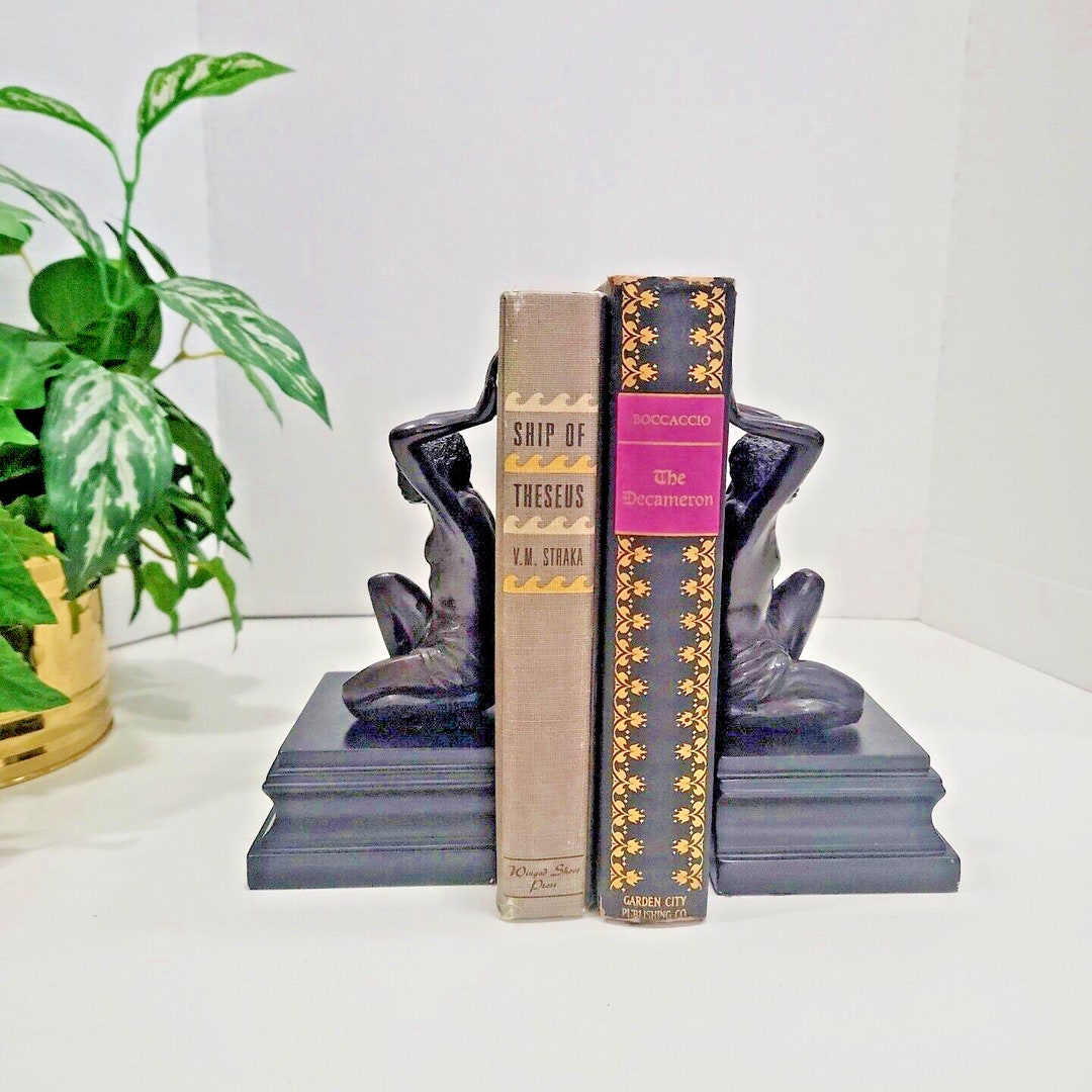 Pair Male Black Nude Bookends Metal Muscular Men Athlete on Resin Bases ...