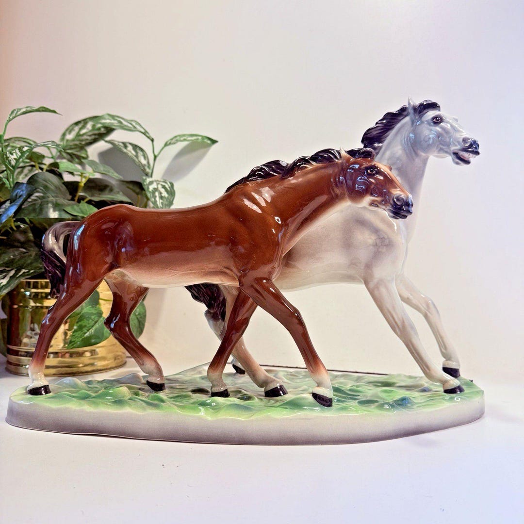 Vintage Large Running Horses Ceramic Statue Gmunder Keramic Austria 12H ...