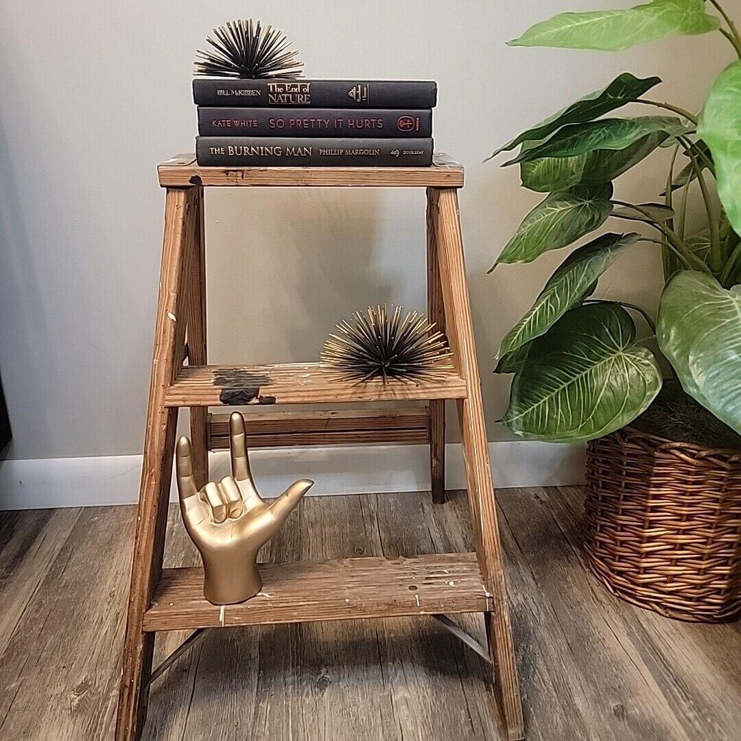 Vintage Wood 2 Step Ladder Plant Stand, Chippy Patina, Farmhouse Rustic ...