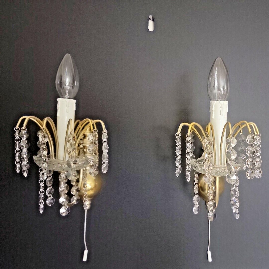 Vintage European Pair Brass Waterfall Wired Wall Sconces With Hanging ...
