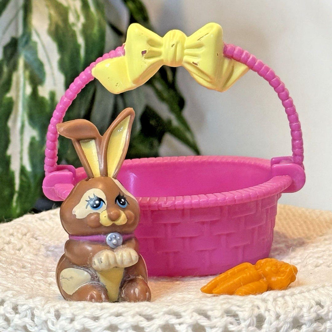 Vintage 1992 Littlest Pet Shop LPS Easter Brown Bunny in Pink Basket W ...