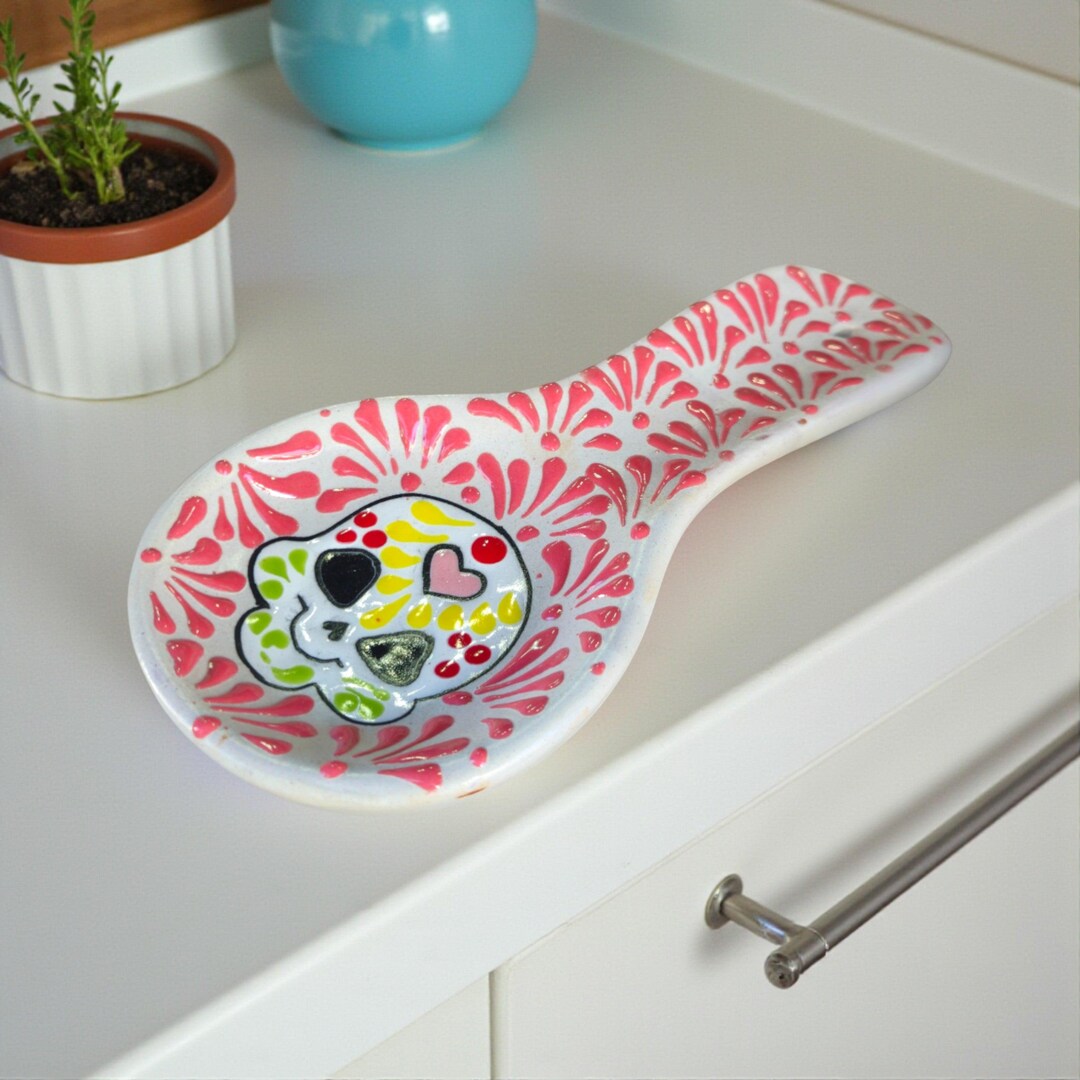 Colorful Talavera Skull Spoon Rest | Mexican Kitchen Art - Etsy