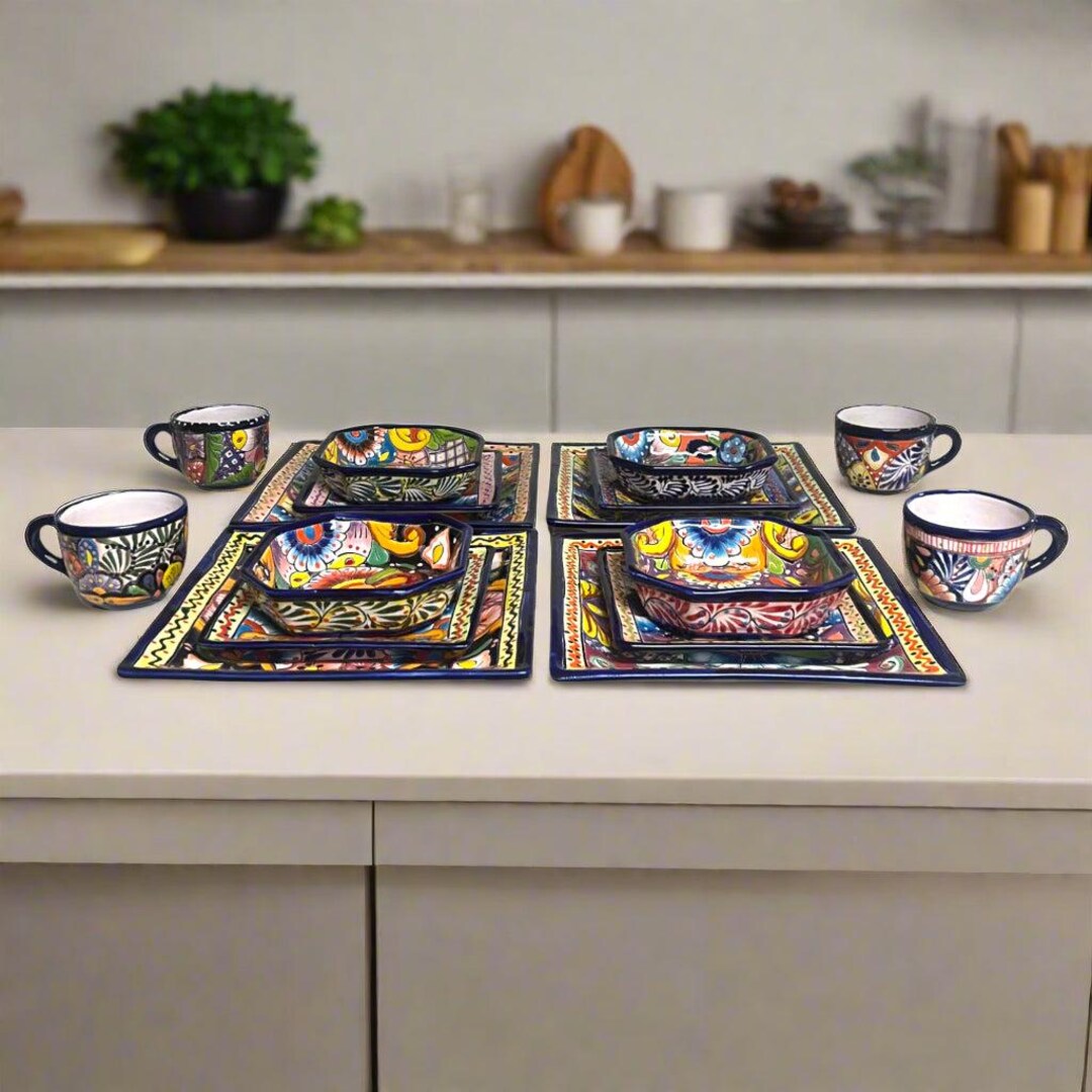 Talavera Square Dinnerware Set | 16-piece Mexican Pottery Set - Etsy