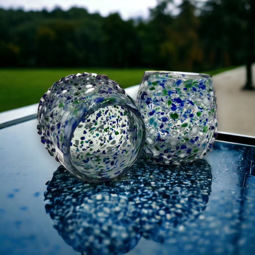 Set Of 2 Hand Blown Stemless Wine Glasses Blue Green And White 12 Oz Etsy