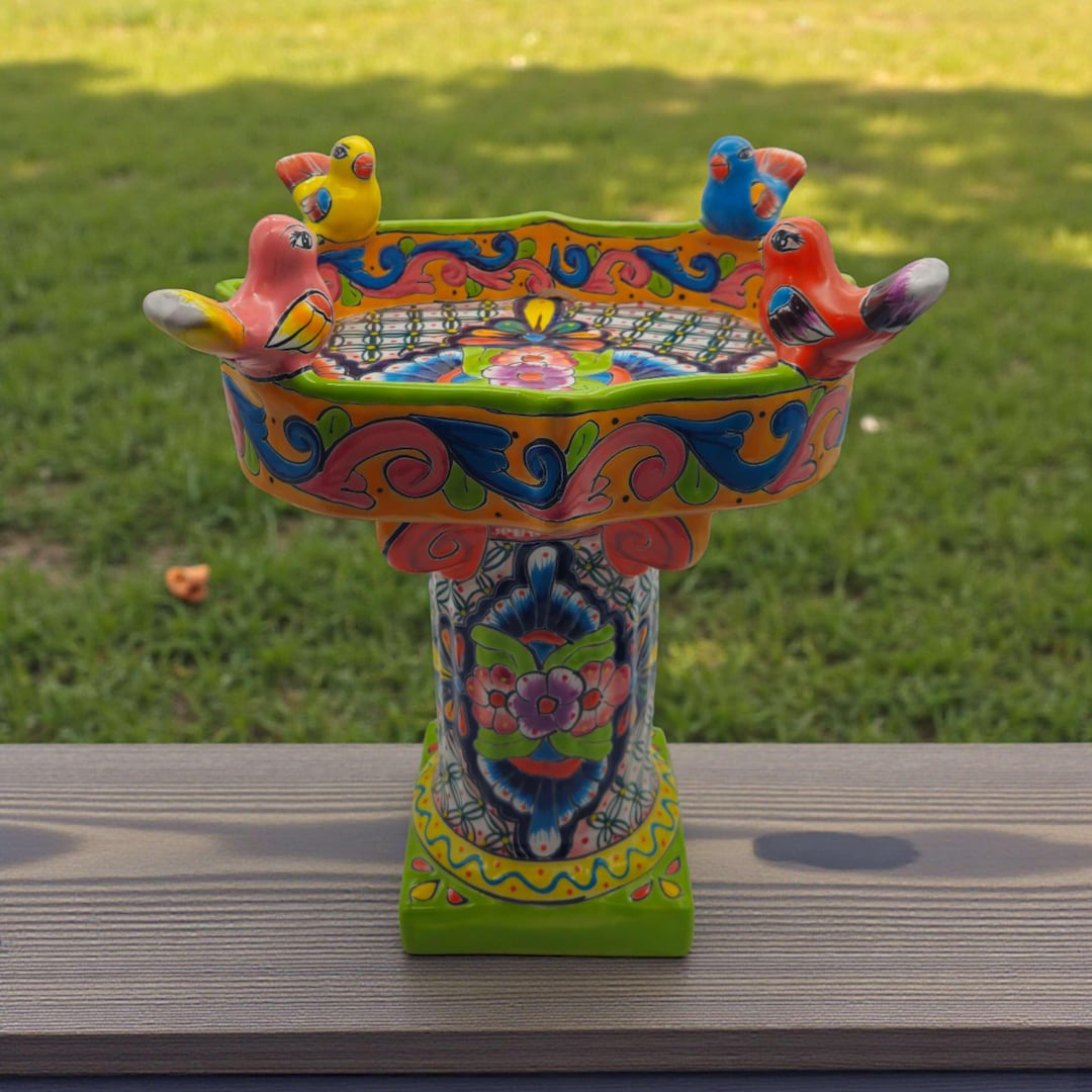 Colorful Talavera Bird Bath | Hand-painted Ceramic Garden Art - Etsy