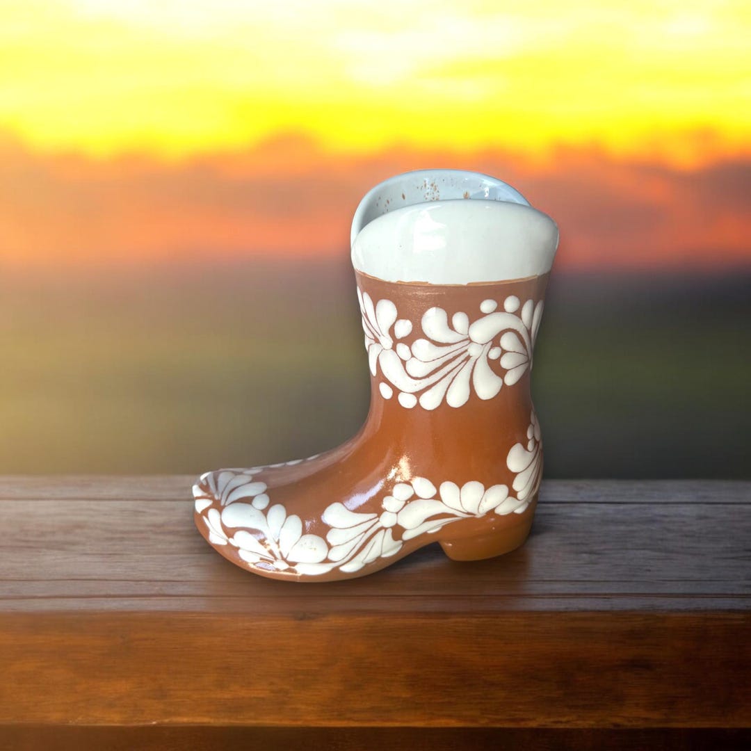 Hand-painted Talavera Mexican Boot Flower Pot Rustic Brown & White ...