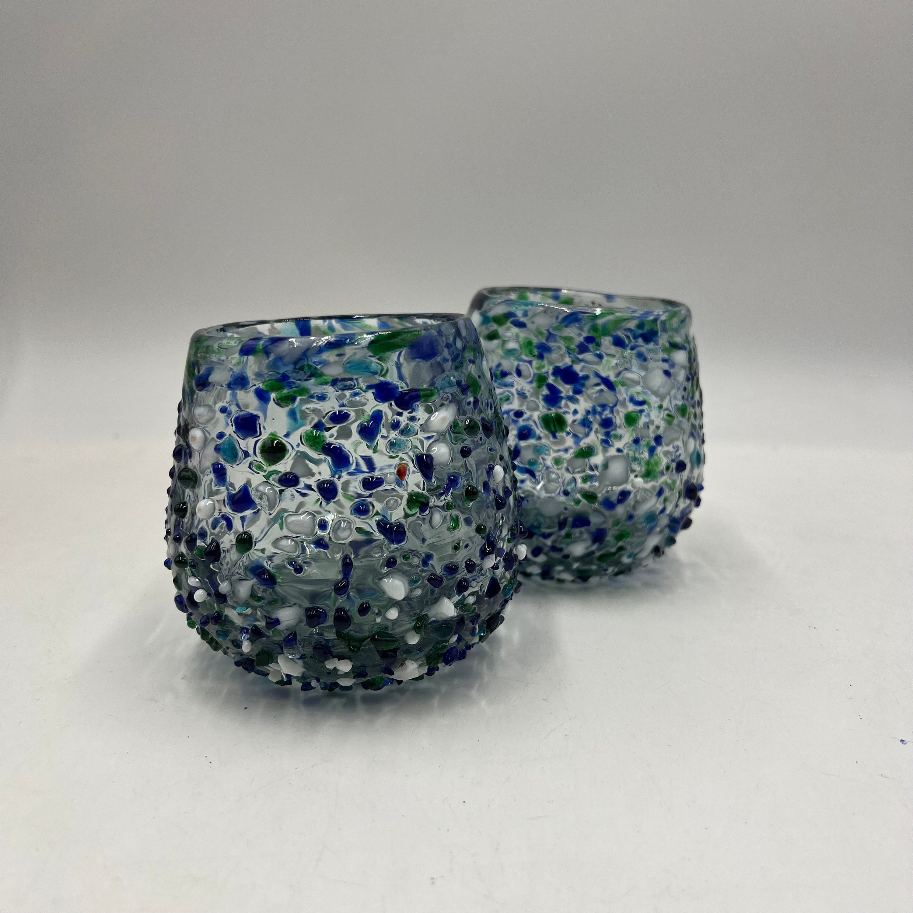 Set Of 2 Hand Blown Stemless Wine Glasses Blue Green And Etsy