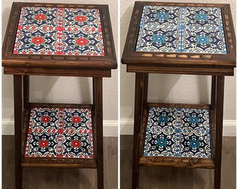 Handmade Mexican Accent End Table Talavera Tiles Wood Side Table Etsy