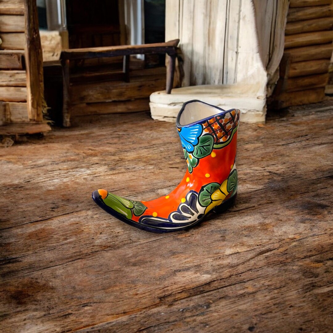 Hand-painted Talavera Mexican Boot Flower Pot | Colorful Boot Statue ...