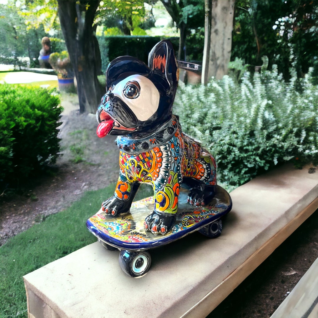Handmade Talavera Frenchie Statue Colorful French Bulldog Skateboarding ...