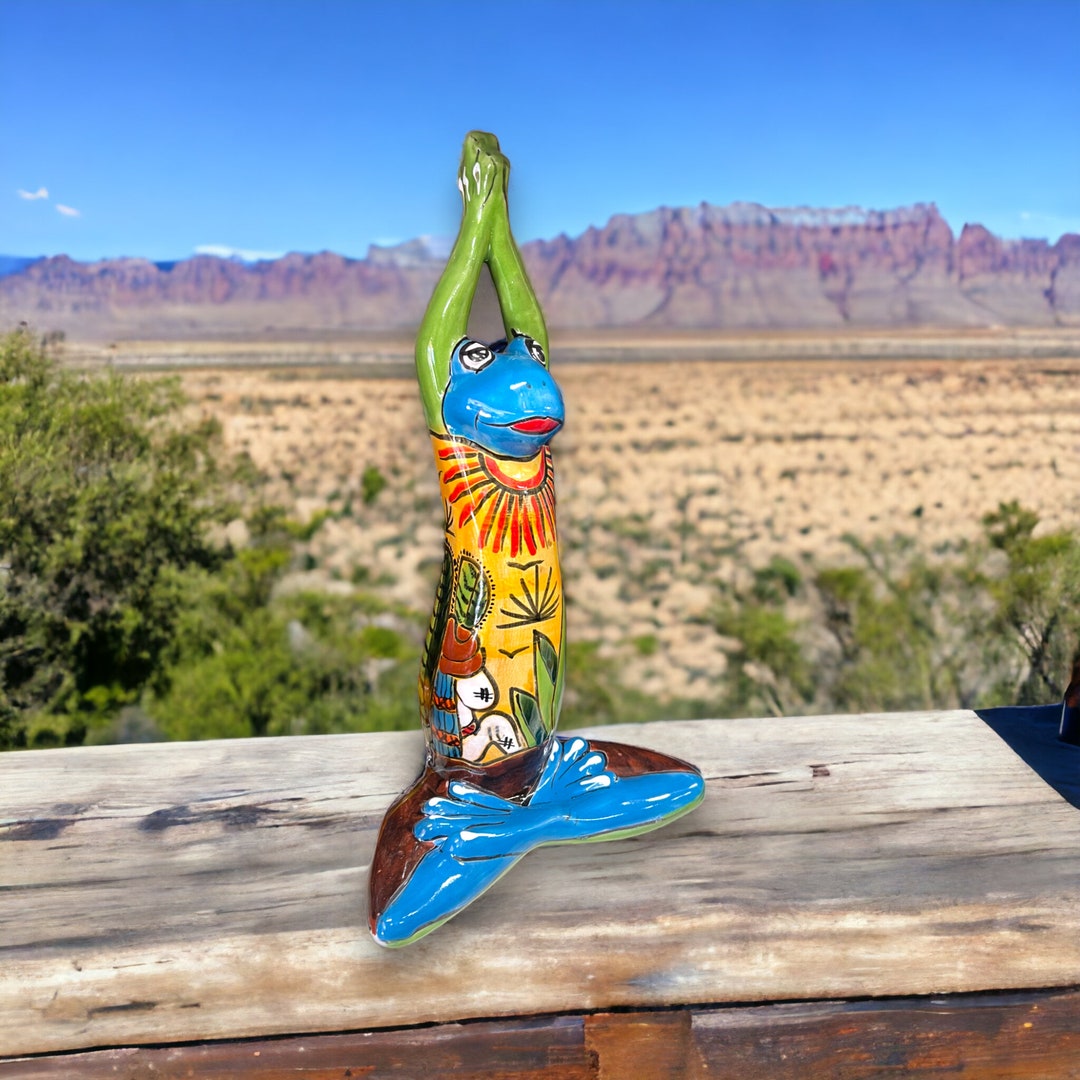 Vibrant Talavera Frog Statue Colorful Hand-painted Yoga Frog With ...