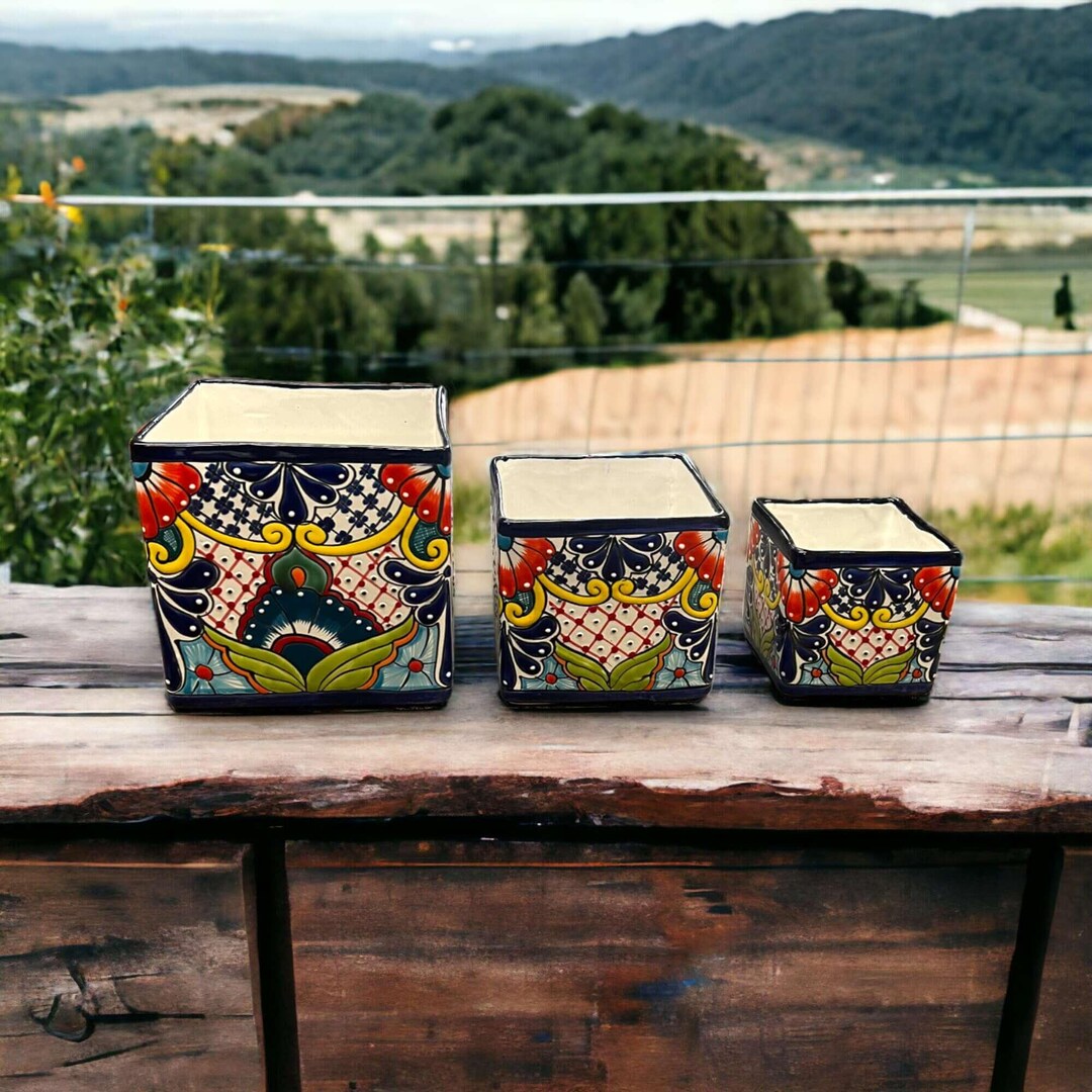 Set of 3 Hand-painted Talavera Square Planters Set | Colorful Floral ...
