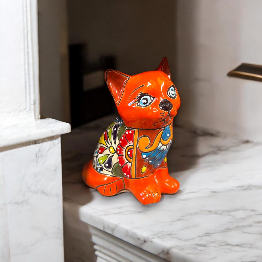 Hand-painted Talavera Cat Statue Medium Mexican Folk Art Cat Figurine ...