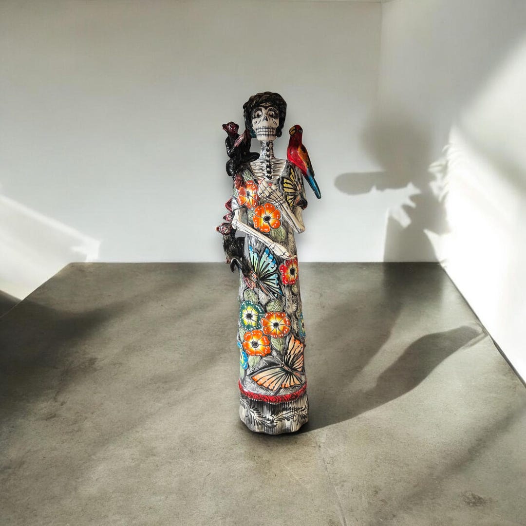 Talavera Catrina Figurine Day of the Dead Skeleton W/ Monkey & Bird ...