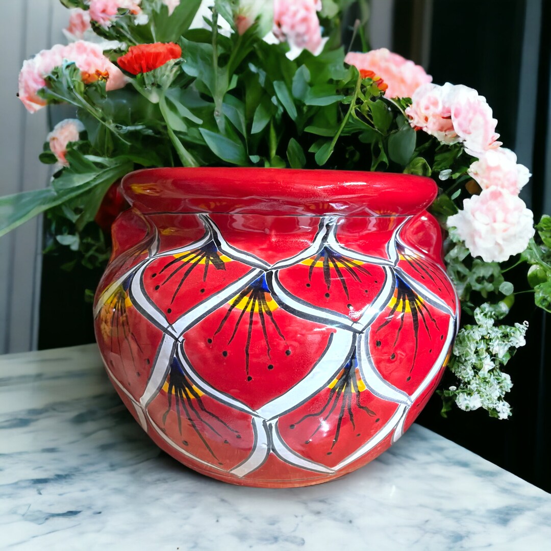 Hand-painted Talavera Flower Pot Artisan-crafted Red Peacock Decor ...