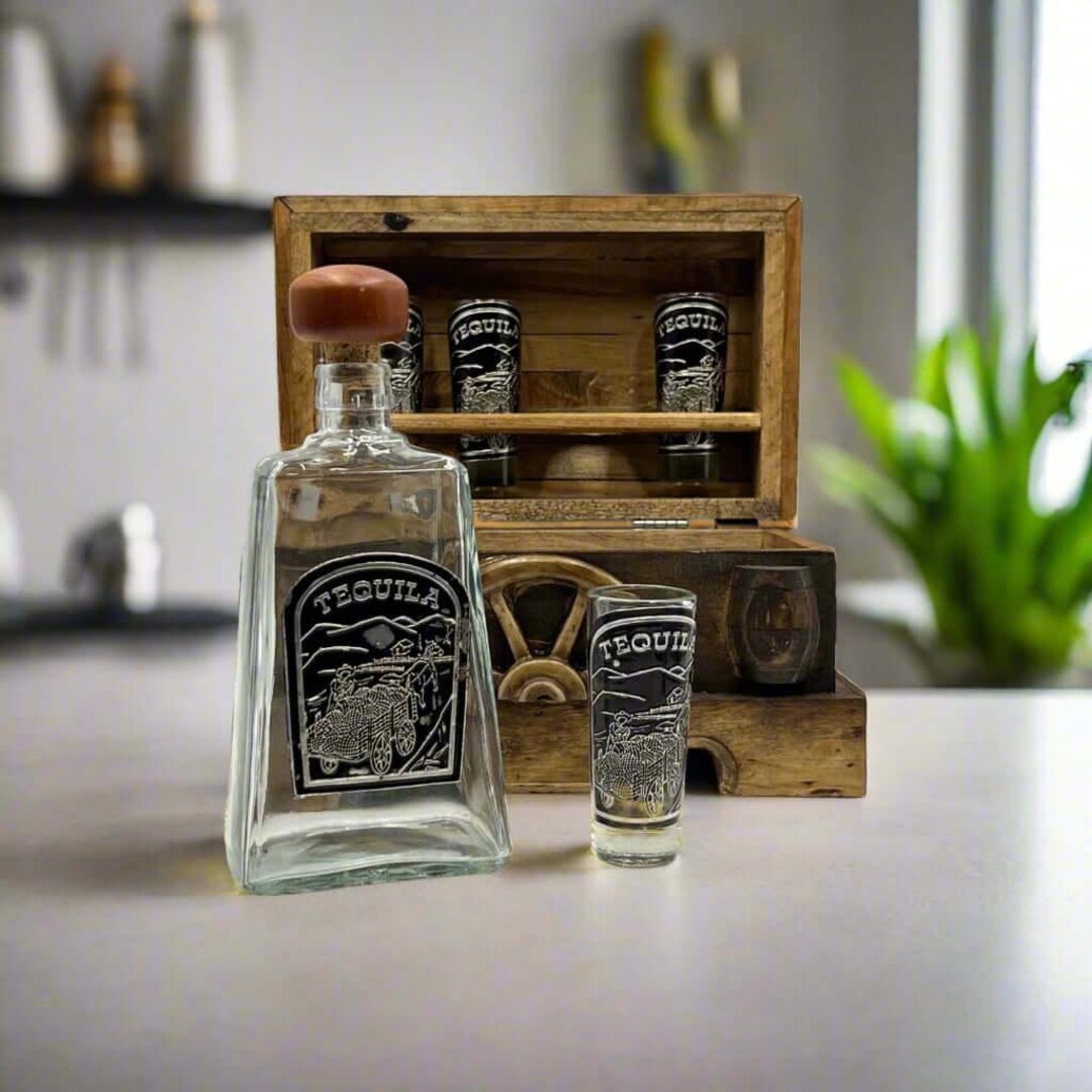 Mexican Shot Glass & Decanter Set | Rustic Wood Chest - Etsy