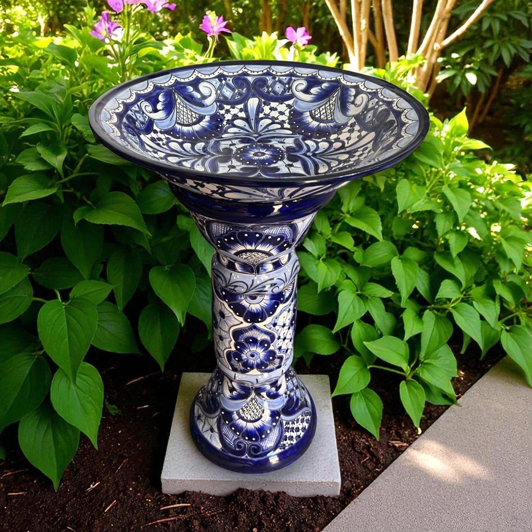 Blue & White Talavera Bird Bath | Mexican Garden Art - Etsy