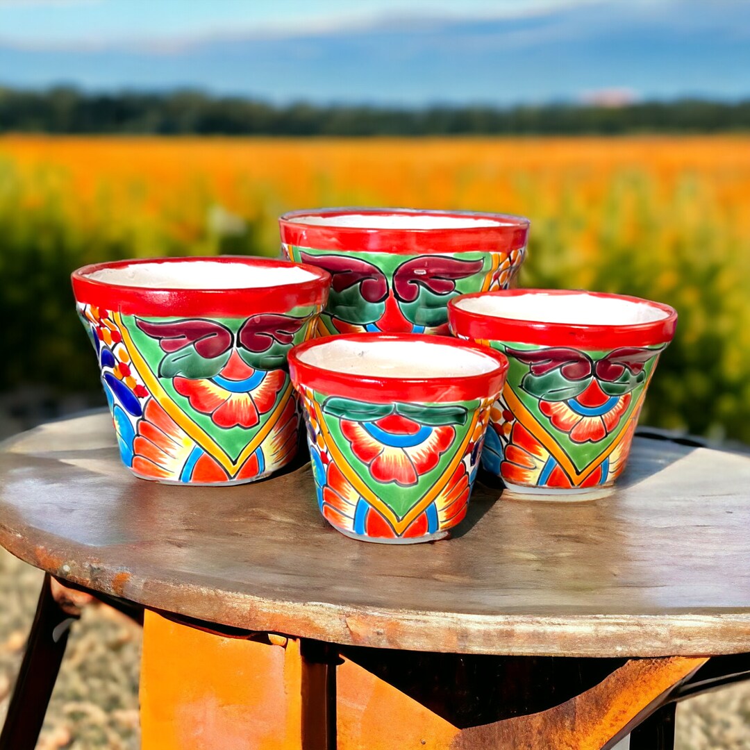 Set of 4 Red Talavera Flower Pots Hand-painted Mexican Planters - Etsy