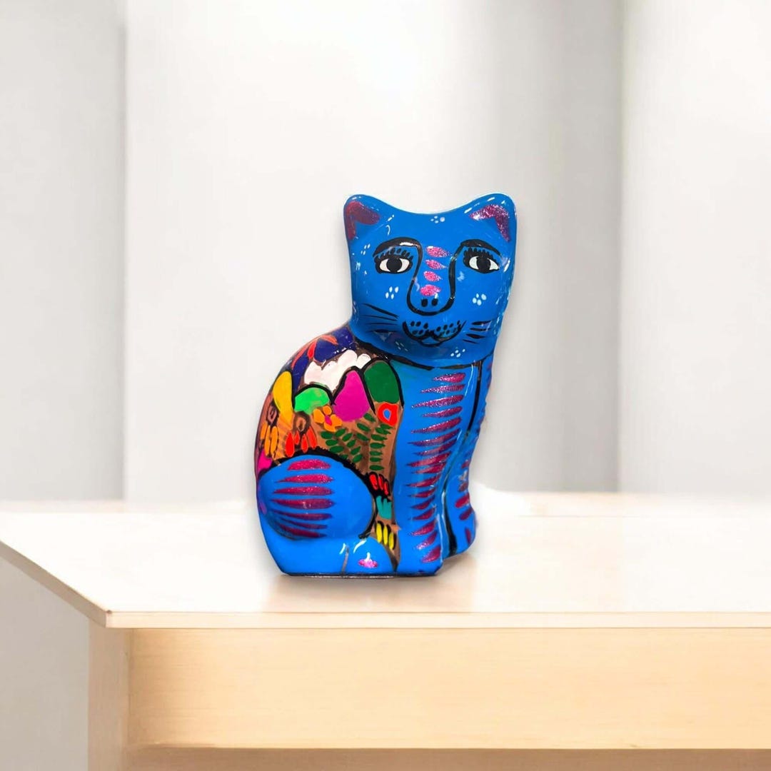 Hand-painted Guerrero Cat | Colorful Mexican Gato Statue (medium Size ...