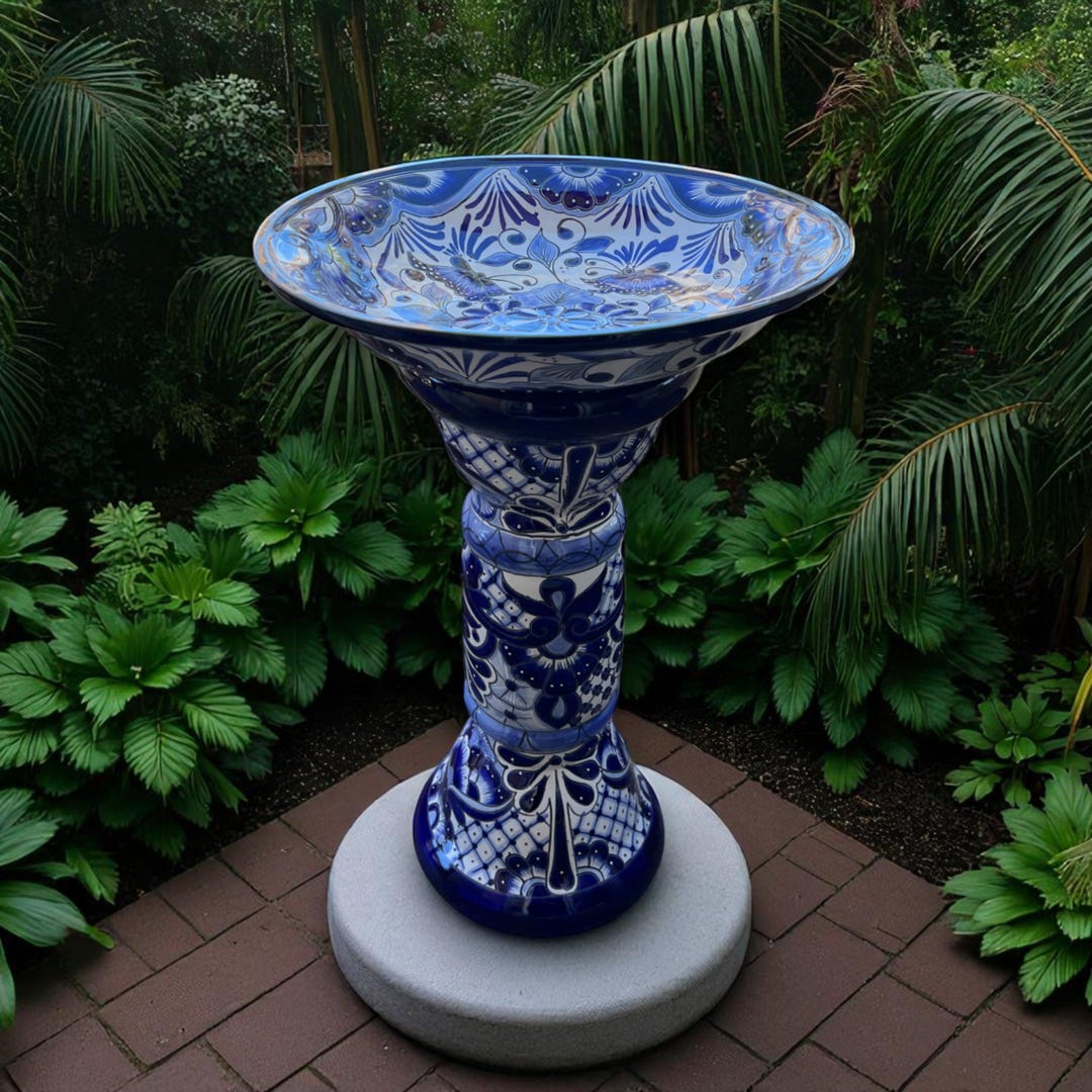 Blue & White Talavera Bird Bath | Mexican Garden Art - Etsy
