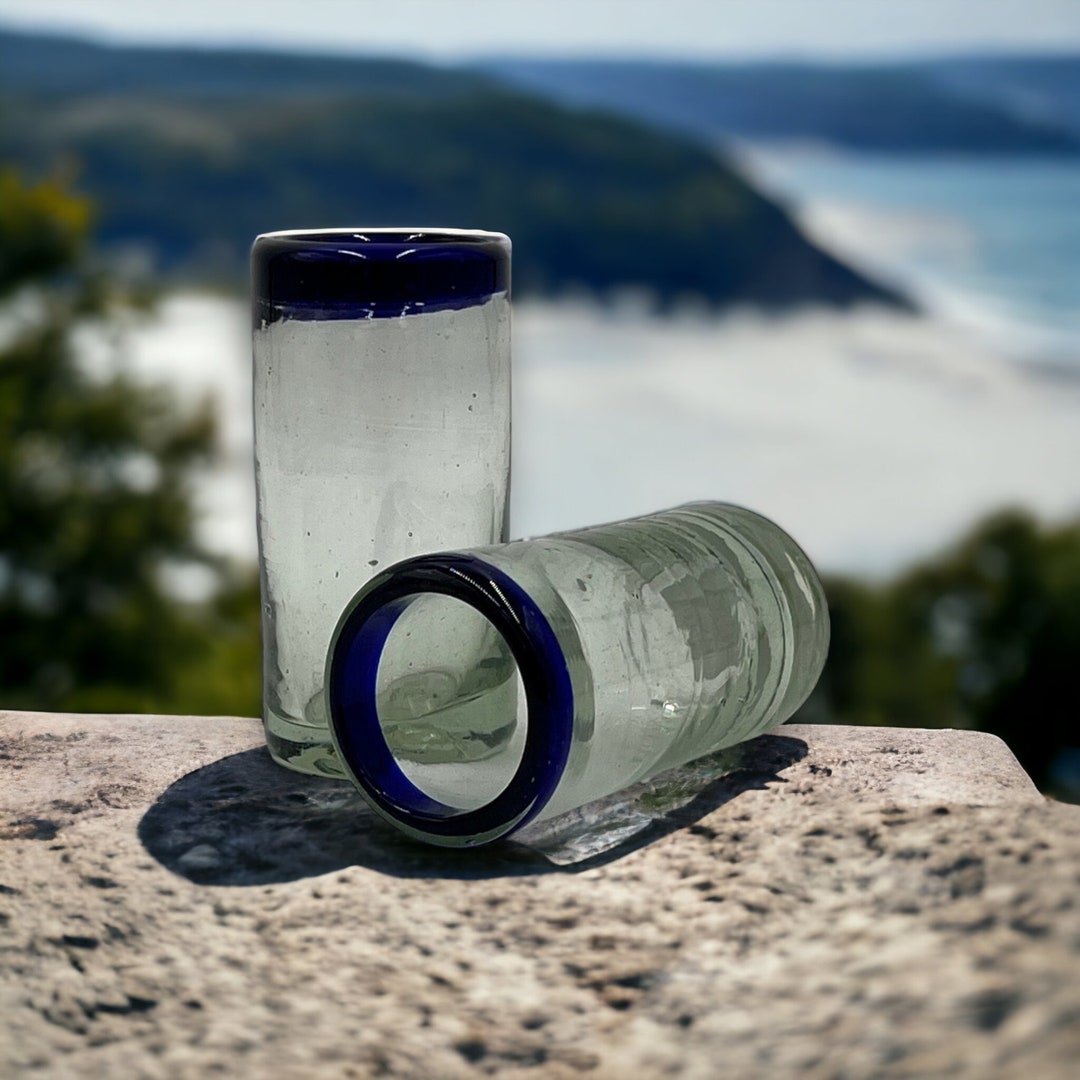 Set of 4 Hand Blown Mexican Shot Glasses Blue Rim Double Shot Glass Set ...