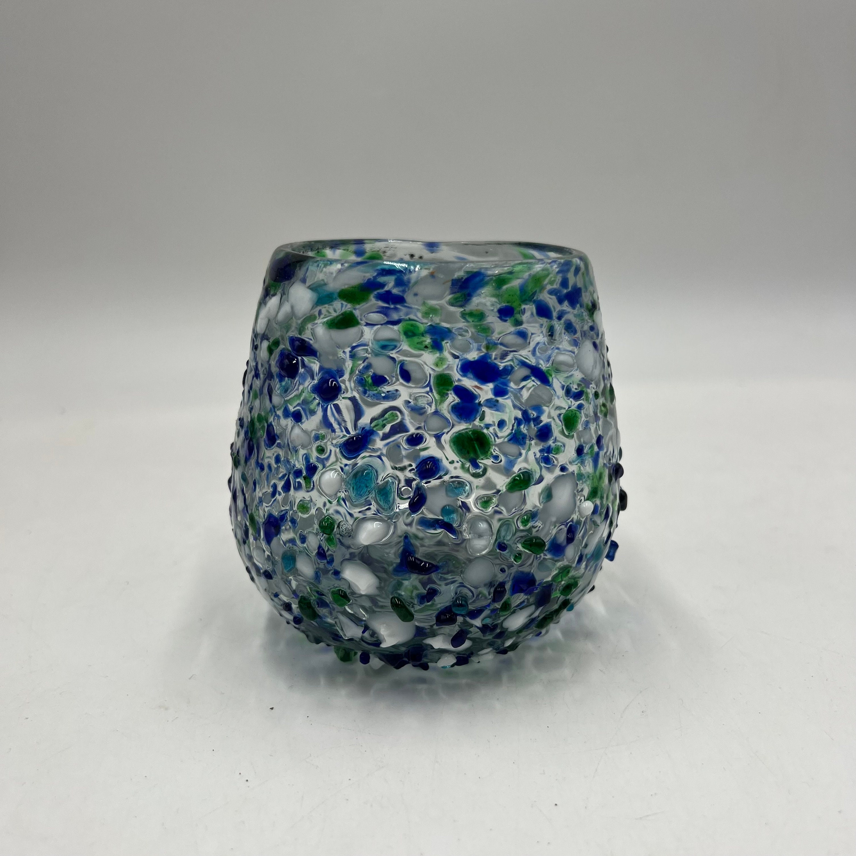 Set Of 2 Hand Blown Stemless Wine Glasses Blue Green And Etsy