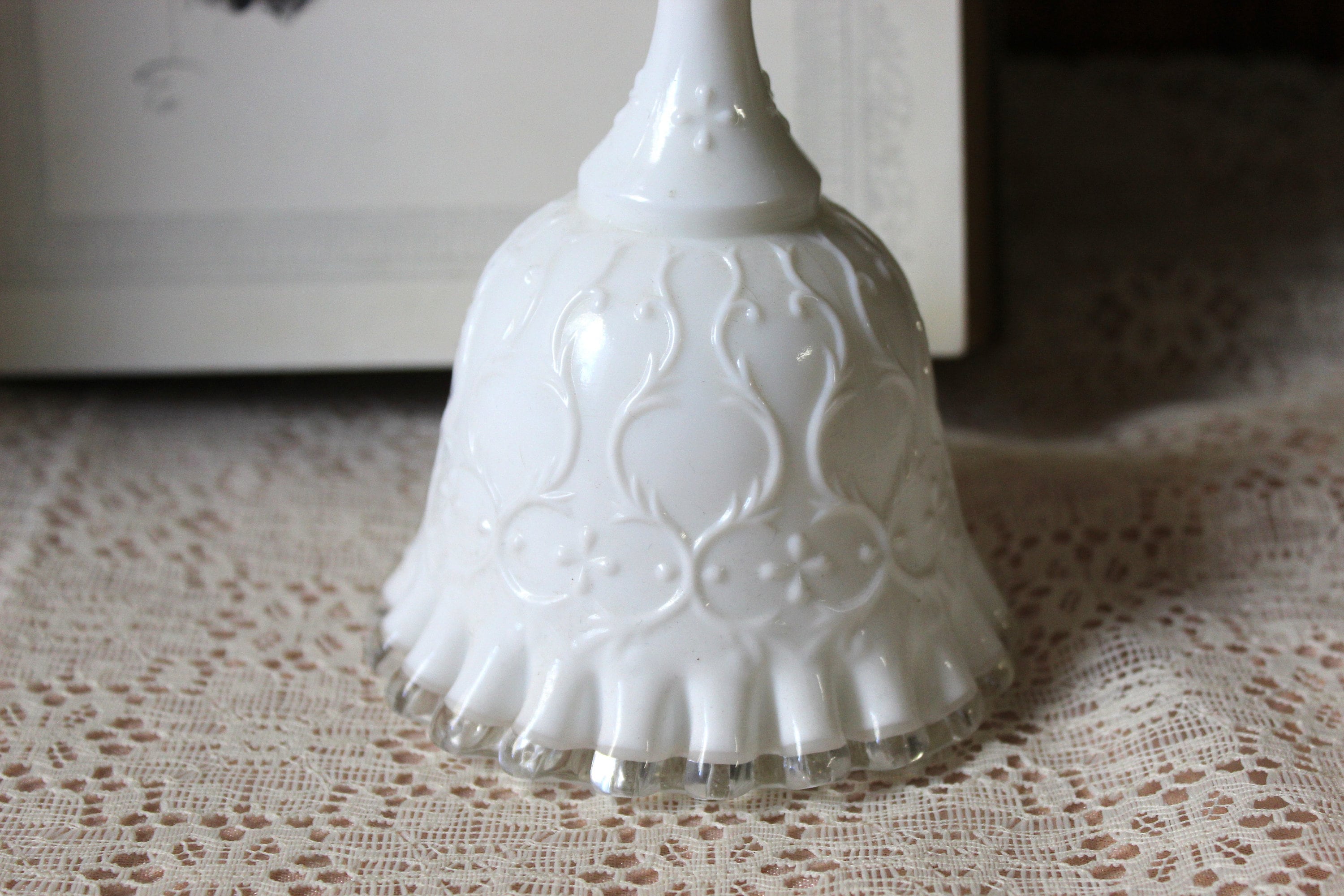 Vintage Fenton White Milk Glass Hand Dinner Display Bell Fancy Spanish ...