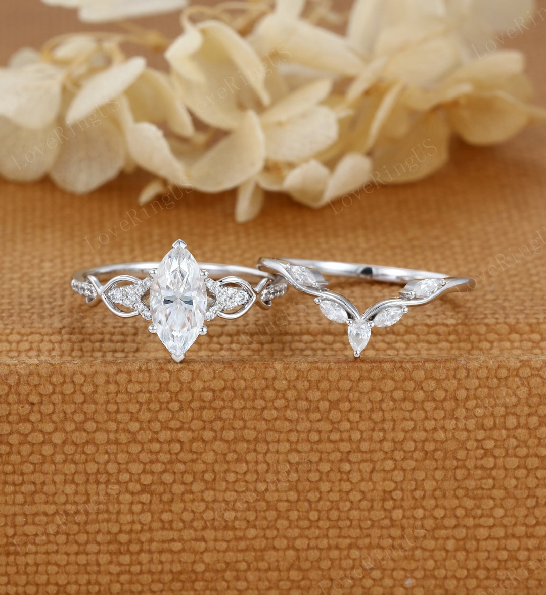 Marquise Moissanite Engagement Ring Set Unique Engagement Ring White ...
