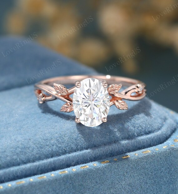 Vintage Oval Shaped Moissanite Engagement Ring Leaf Ring Rose - Etsy