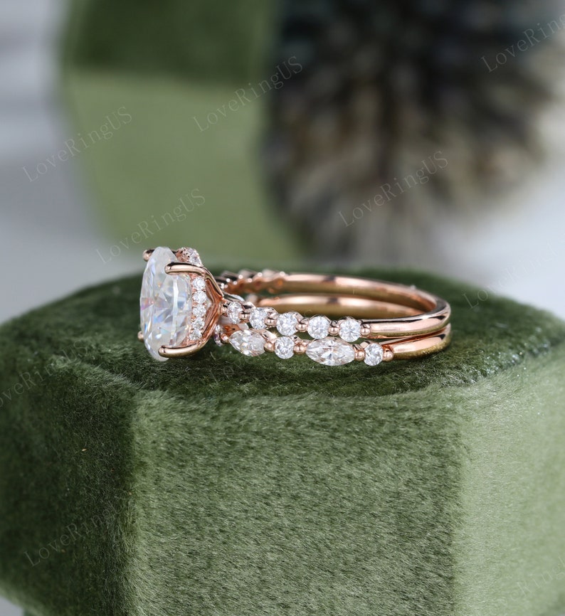 Oval Moissanite Engagement Ring Set 2ct Unique Rose Gold - Etsy