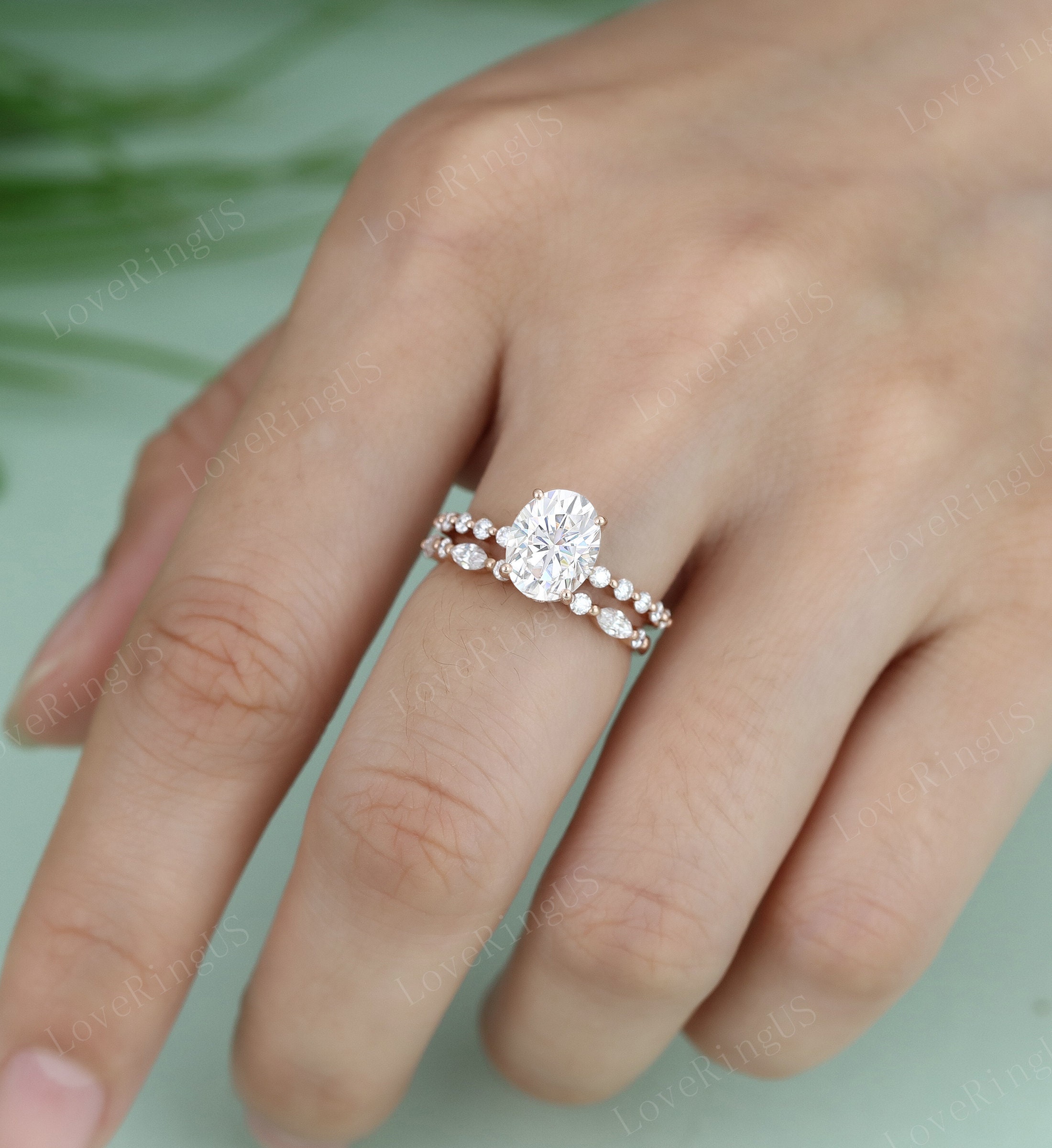 Oval Moissanite Engagement Ring Set 2ct Unique Rose Gold - Etsy