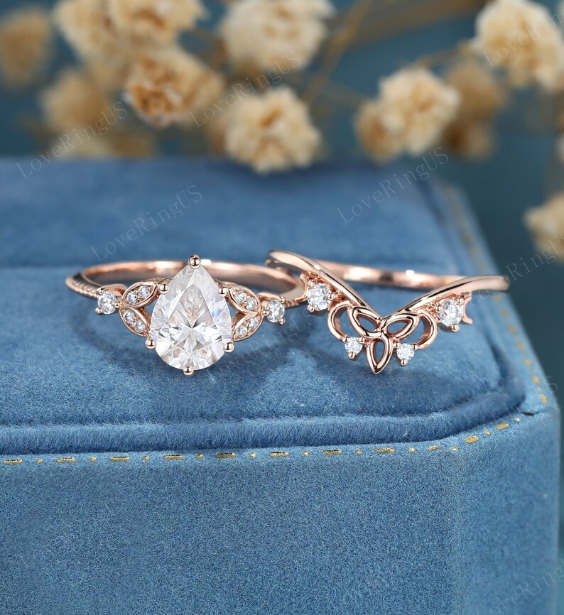 Pear Shaped Moissanite Engagement Ring Set Vintage Rose Gold - Etsy