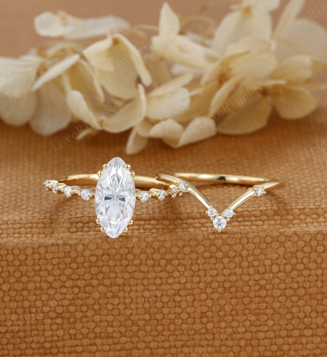Unique Marquise Engagement Ring Set Yellow Gold Moissanite Engagement ...