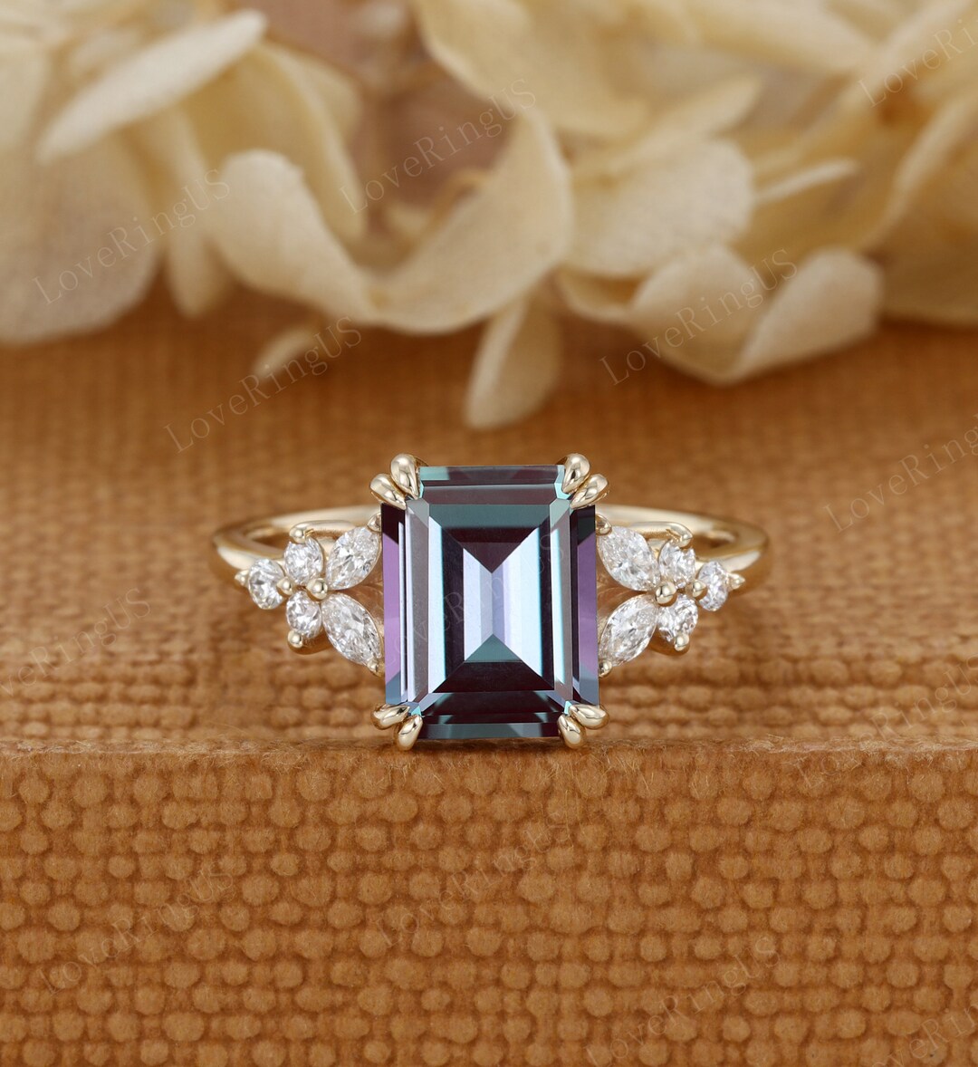 3CT Emerald Cut Lab Alexandrite Engagement Ring Vintage Unique Solid ...