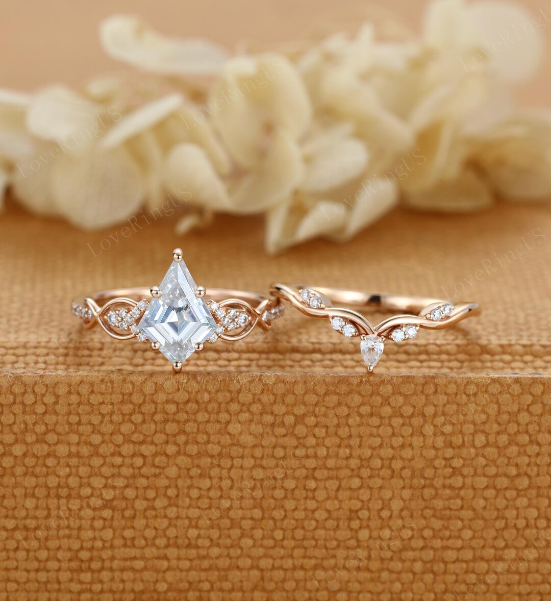 Kite Cut Moissanite Engagement Ring Set Unique Vintage Engagement Ring ...