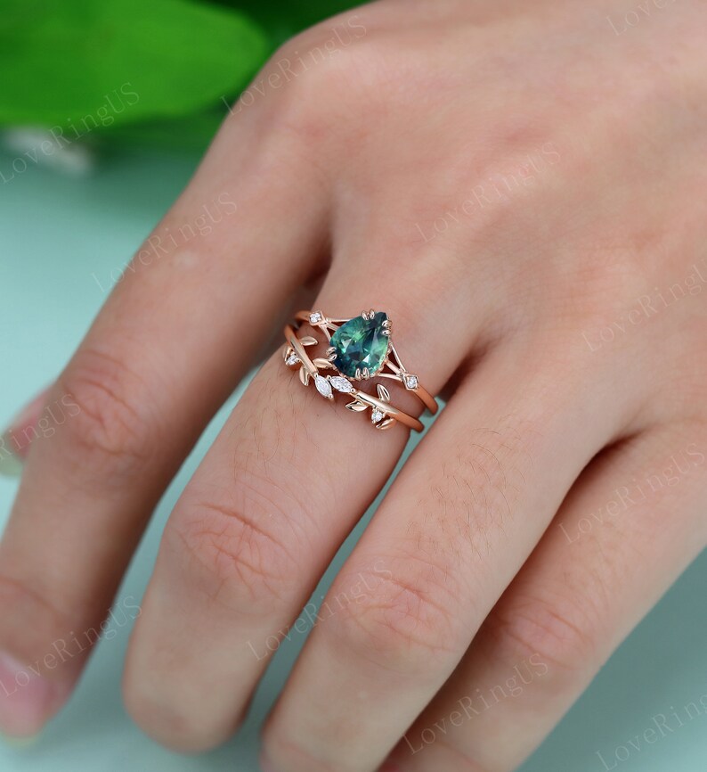 Vintage Pear Shaped Blue-green Sapphire Engagement Ring Set - Etsy