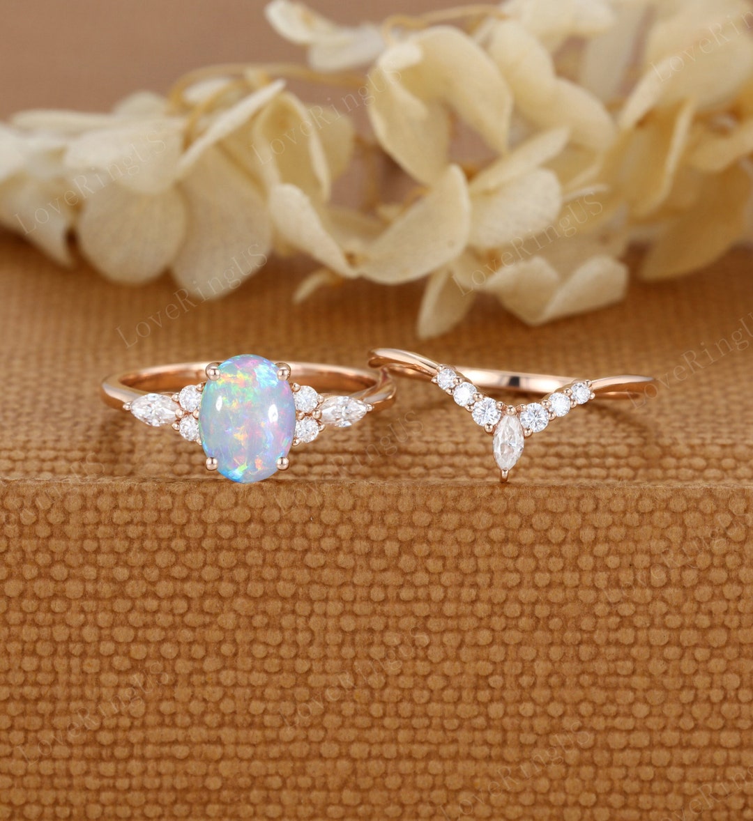 Ova Cut Opal Engagement Ring Set Unique Vintage Rose Gold Engagement ...