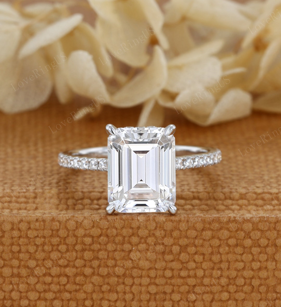 3.5ct Emerald Cut Moissanite Engagement Ring 14K White Solid Gold Pave ...
