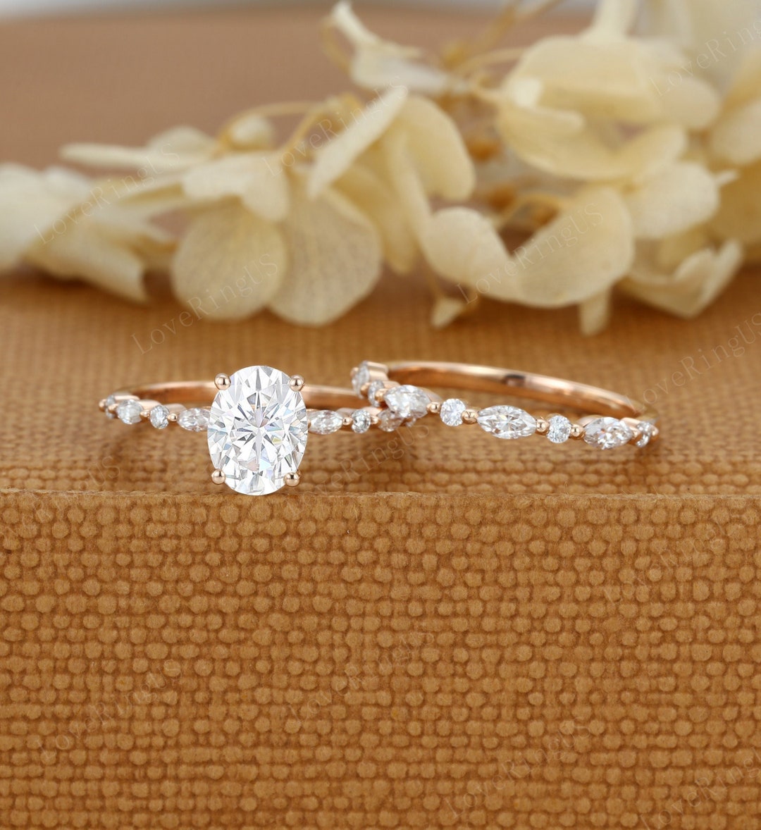 Oval Moissanite Engagement Ring Set 2ct Unique Rose Gold Cluster ...