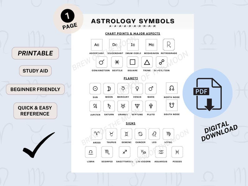 Astrology Symbols Chart | Zodiac & Planet Glyphs Quick Reference (PDF ...