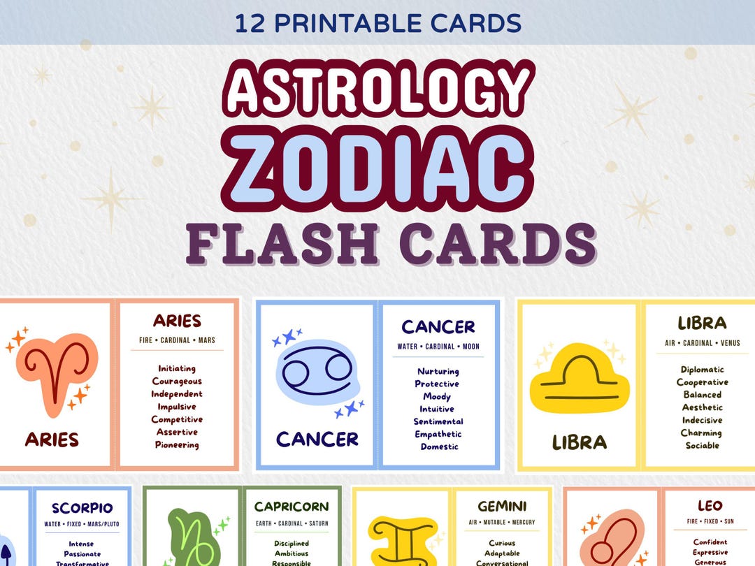 Learn Astrology Zodiac Sign Flash Cards | Star-sign, Study | Printable ...